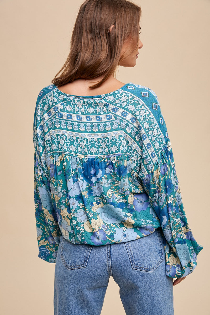 Emerald Teal Surplice Wrap Border Print Blouse – PinkBlush