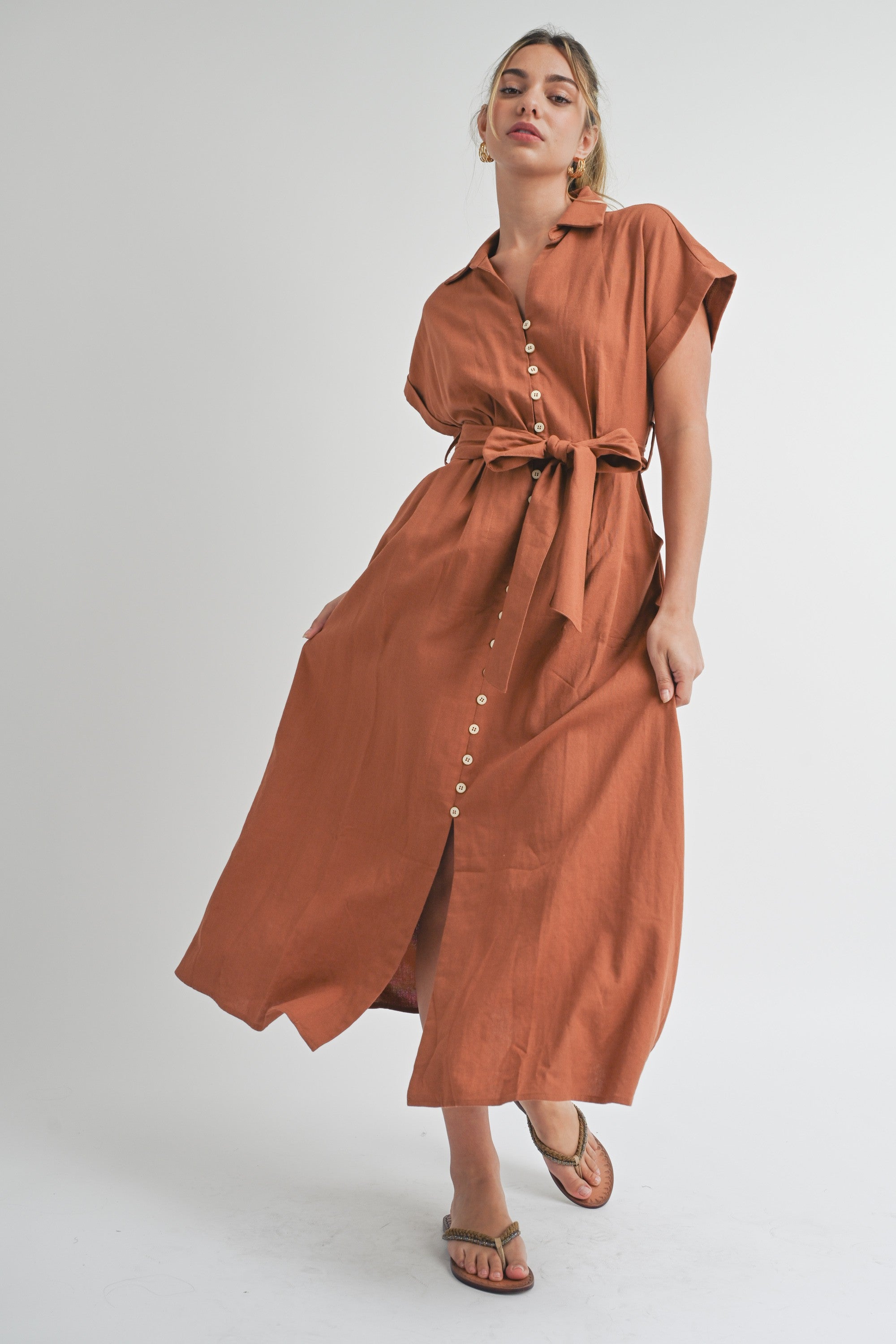 Rust Collared Front Button Midi Dress– PinkBlush