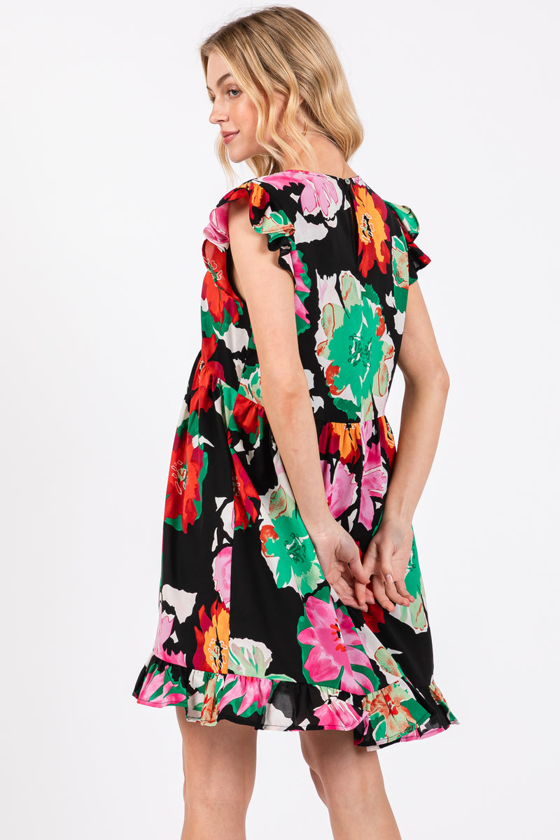 Black Floral Ruffle Shoulder Dress – PinkBlush