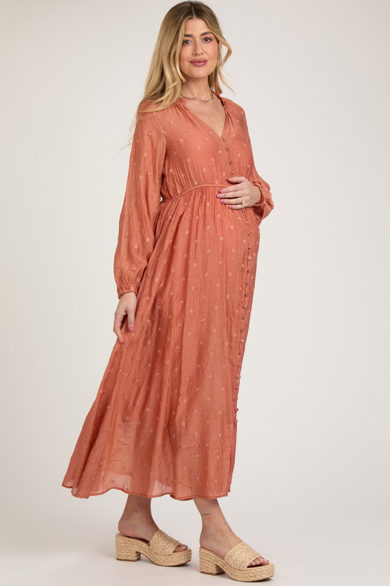 Rust Embroidered Maternity Button Down Maxi Dress– PinkBlush