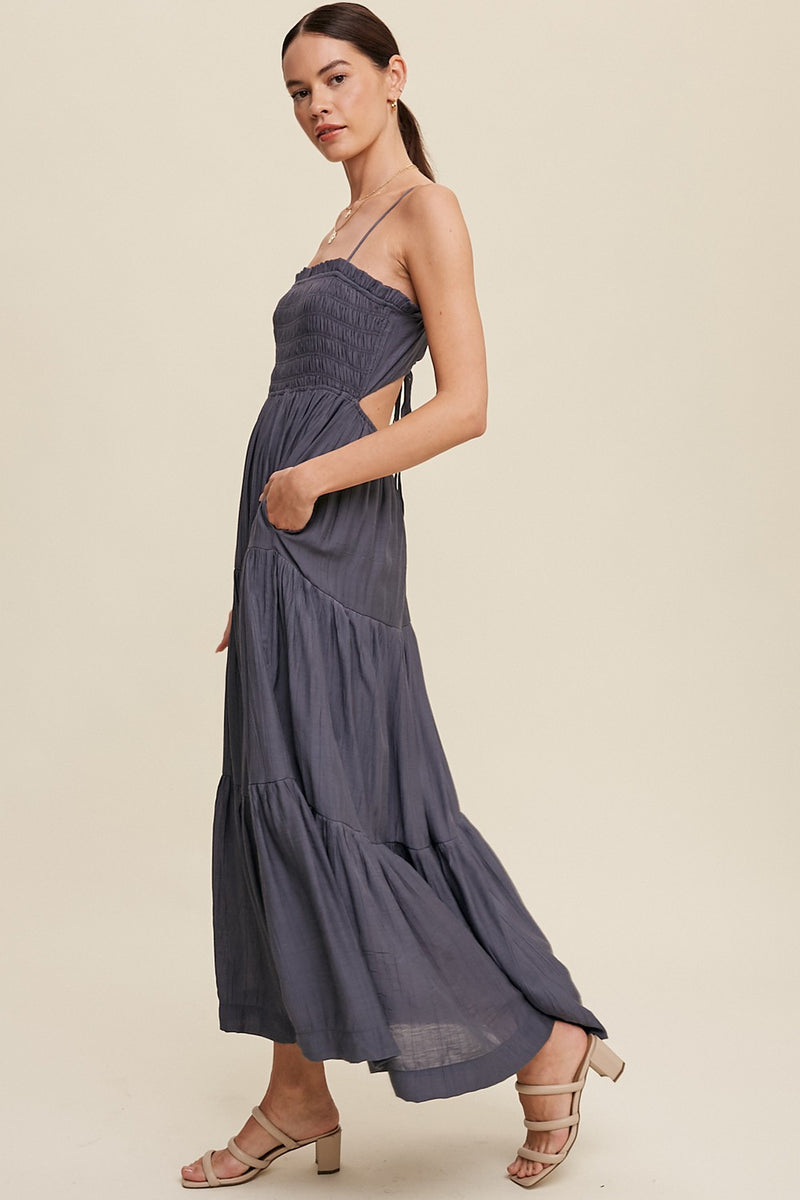Navy Blue Smocked Square Neck Back Cutout Tiered Midi Dress– PinkBlush