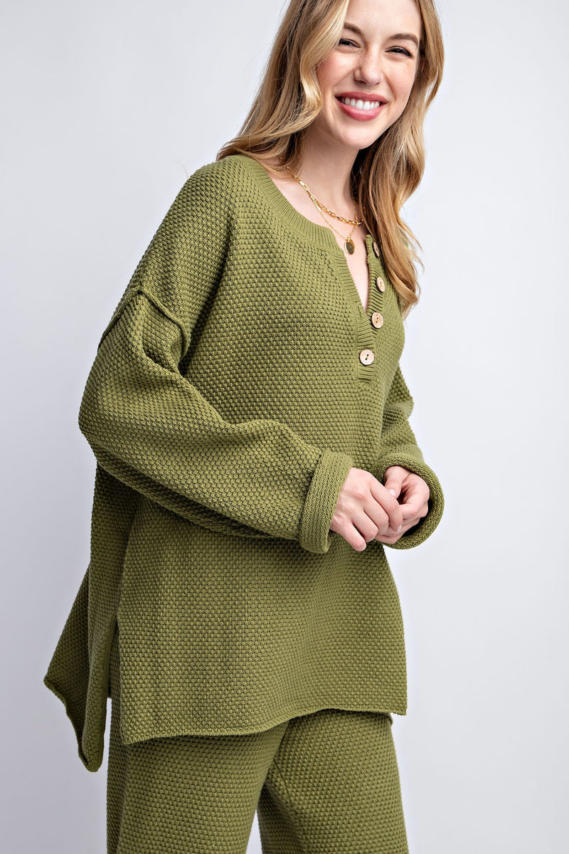 Green Comfy Waffle Knitting Pullover – PinkBlush