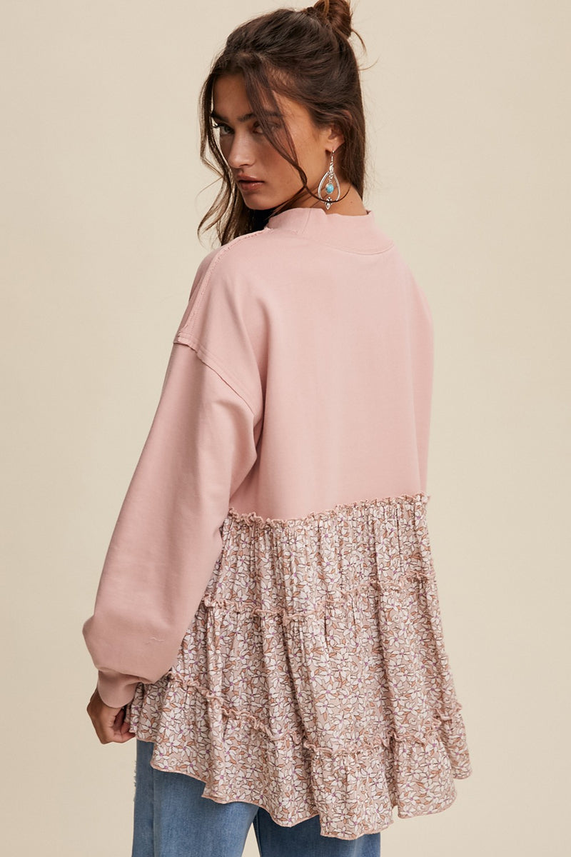 Blush Crew Neck Sweat Top With Tiered Floral Contrast – PinkBlush