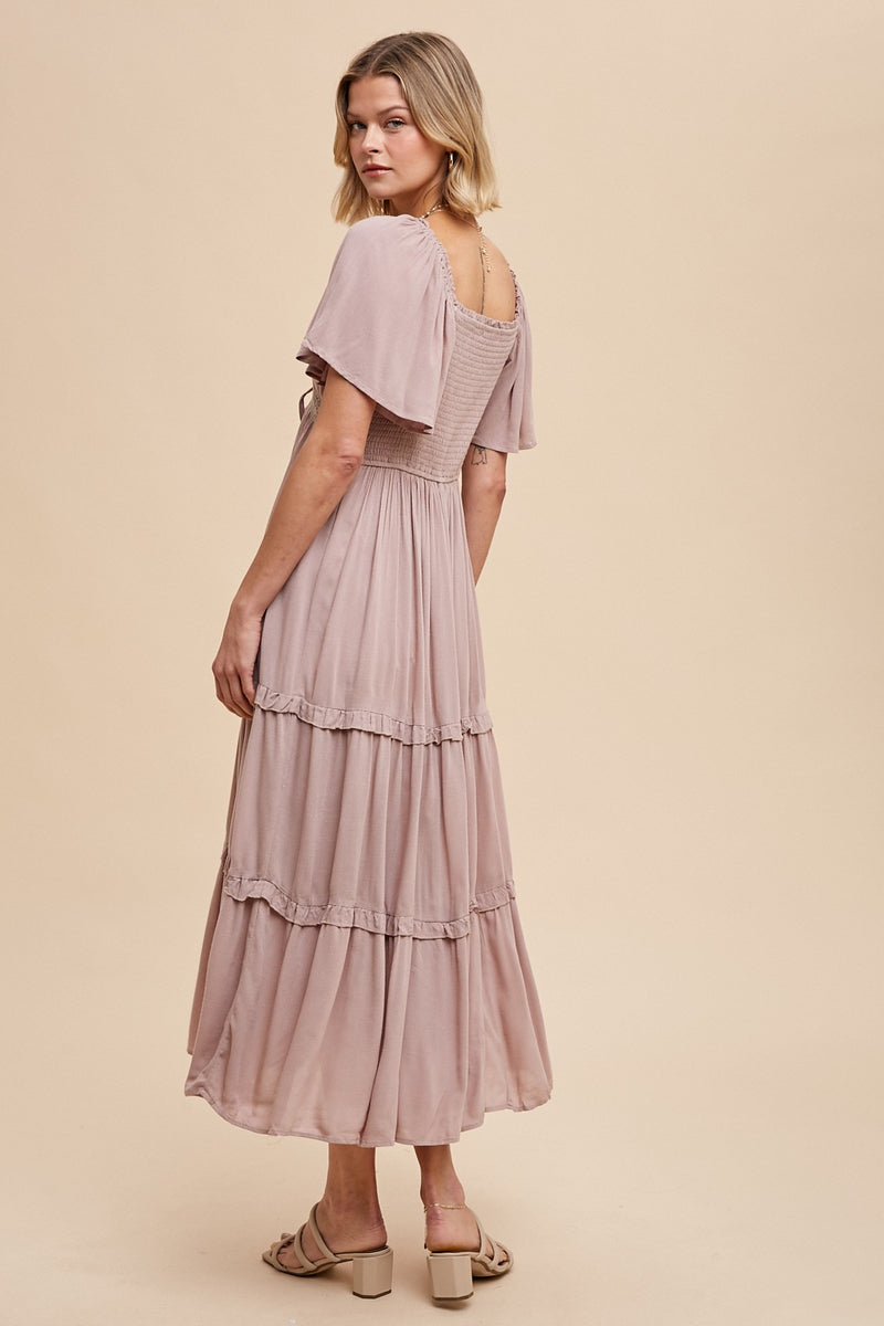 Mocha Crochet Lace Tiered Ruffle Maxi Dress – PinkBlush